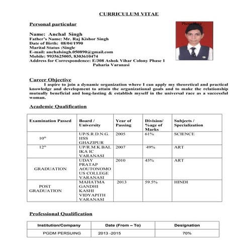 cv anchal formate | PDF