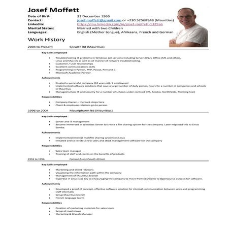 Josef Moffett - CV_short | PDF | Operating Systems | Computer Software ...