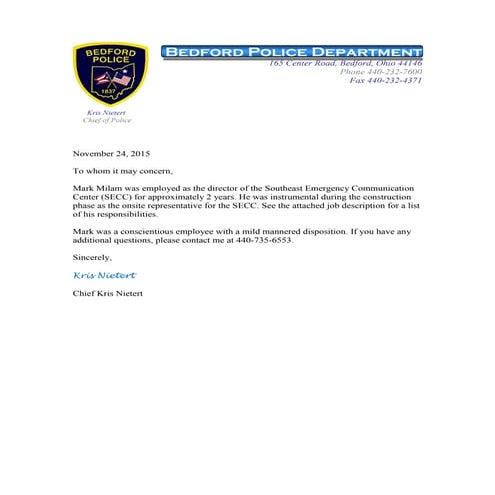 Mark Milam reference letter from Bedford Police Chief Kris Nietert | PDF