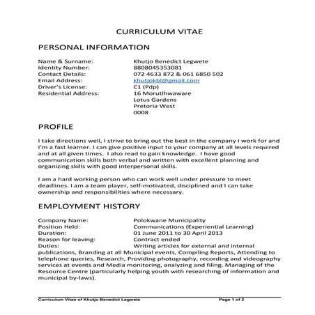 CURRICULUM OF KHUTJO BENEDICT LEGWETE | DOC