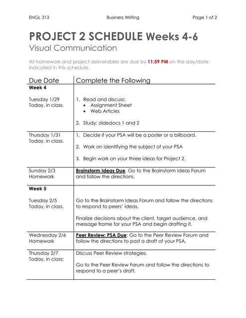 English 313 Project 2 Schedule-F2F-TTH | PDF