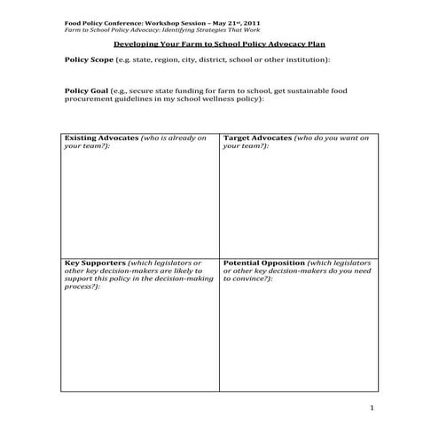 Farm to School Policy Advocacy: Identifying Strategies That Work - Worksheet | PDF