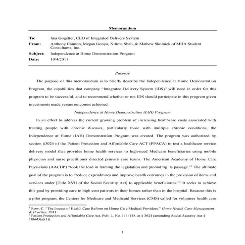 Independence at Home Demonstration Program Memo | PDF
