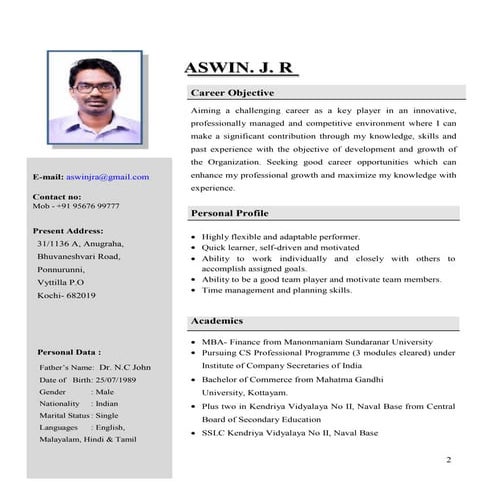 CV-Aswin JR | PDF | Business Accounting & Finance | Business