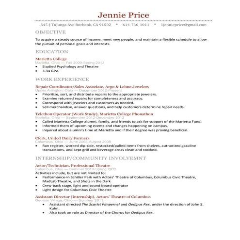 Jennie Price Resume | PDF | College Education | Education