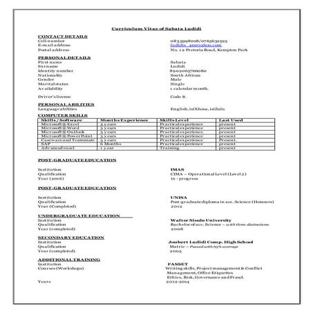 Curriculum Vitae of Sabata Ludidi | DOCX