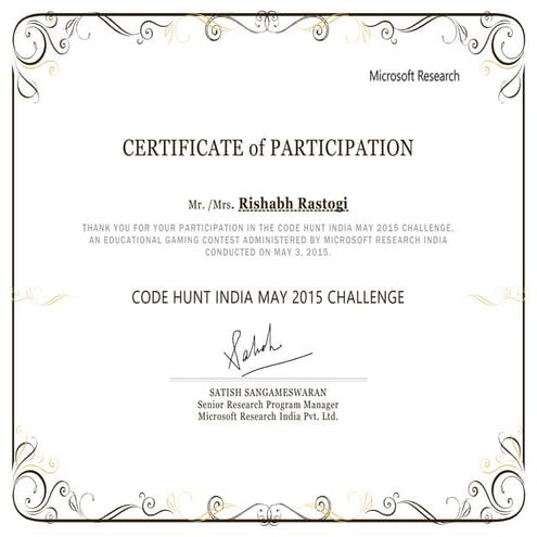 Codehunt Participation Certificate - Rishabh Rastogi (1) | PPT