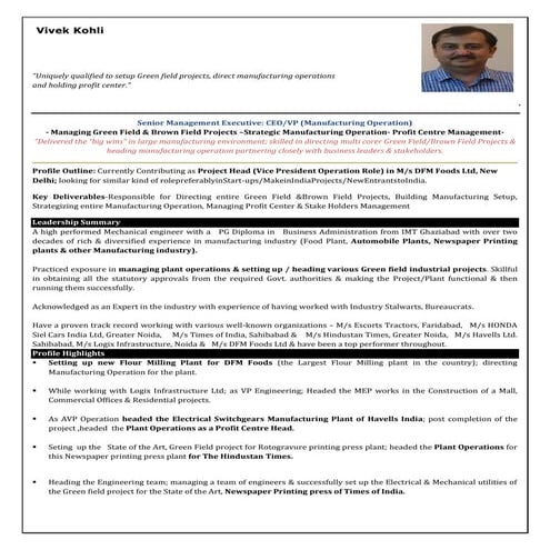 Senior Executive Profile V Kohli | PDF
