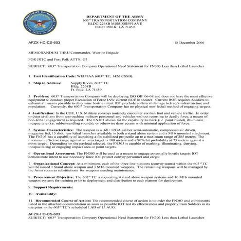 Operational Needs Statement for Non-Lethal Equipment | DOC