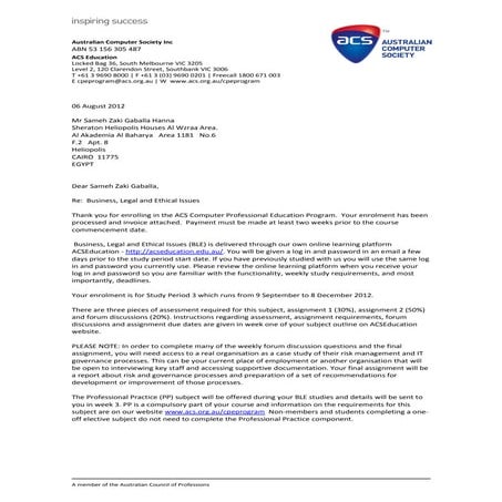 ACS Enrolment letter - Sameh Hanna | PDF