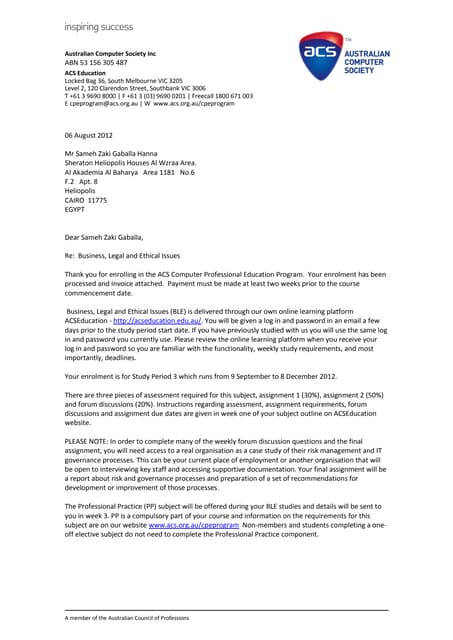 Assessment Letter by The Australian Computer Society Inc. (ACT) | PDF