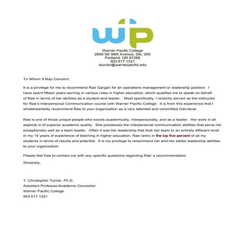 Gargari, Rae_Warner Pacific Letter | PDF