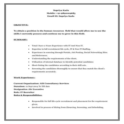 Supriya_HR Executive | DOC | Resume Writing and Advice | Job Search