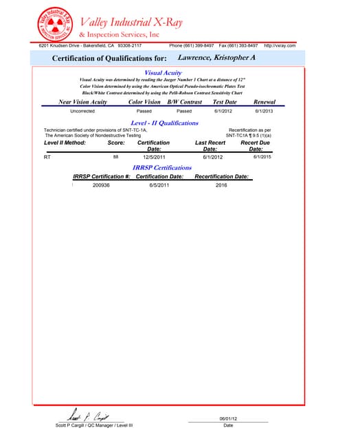 VT Level II training certificate- Kristopher | PPT