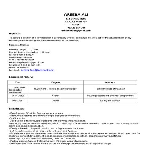 Areeba Ali CV | DOC | Needlework | Arts and Crafts
