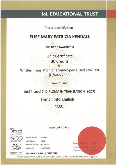 Elise Kendall MA in Translation Certificate | PDF