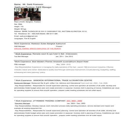 Resume up-date 2014 | PDF | Bars & Restaurants | Attractions