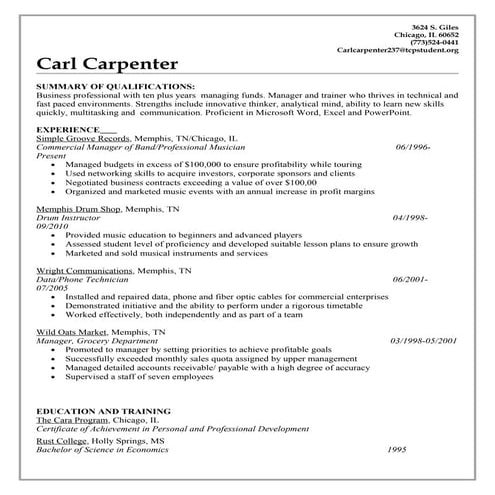 Carl Carpenter resume | DOC | Business | Business and Finance