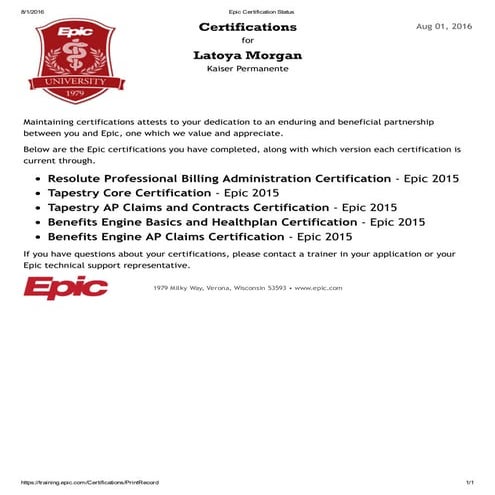 Epic Certification Status | PDF