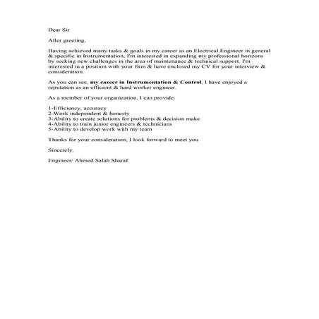 Cover Letter of Engineer Ahmed Sharaf | PDF