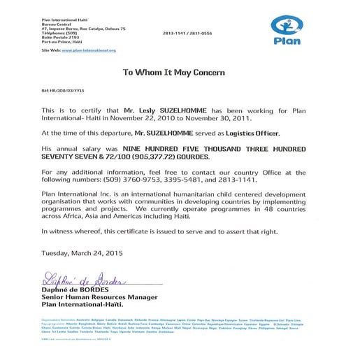 Letter of reference of Plan International (Lesly) | PDF