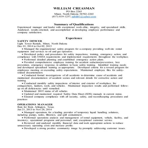 Resume - William Creasman - 20 Oct 15 | DOCX