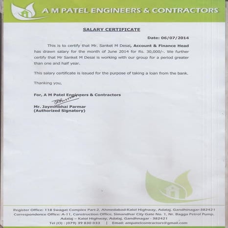 Salary Certificate from A M Patel | PDF