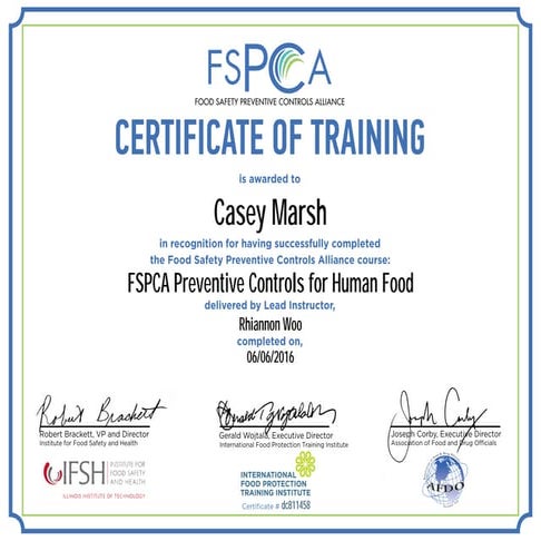 FSPCA Certificate - C.Marsh | PDF | Food & Drink