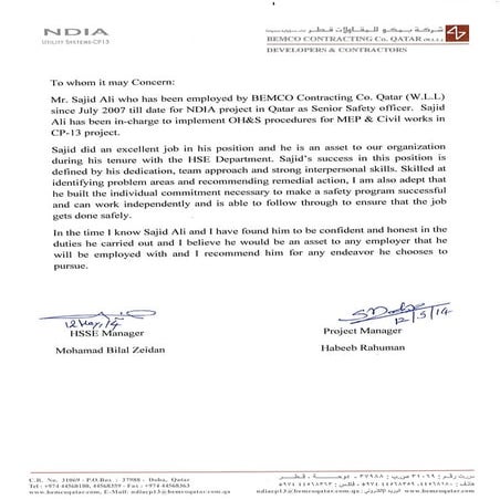 Reference Letter From Safety Manager & Project Manager | PDF