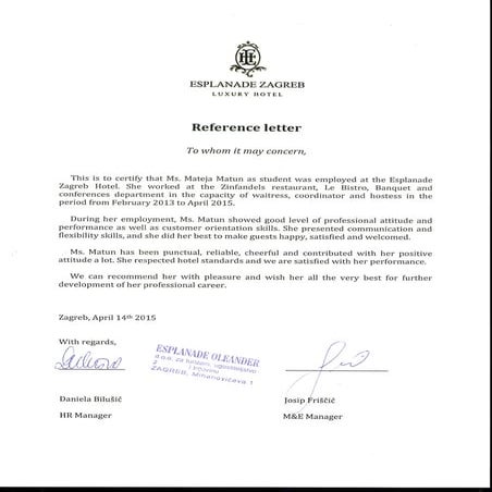 Reference Letter - Esplanade Zagreb Hotel | PDF