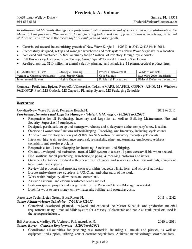 Resume for Frederick A Volmar 3-30-15