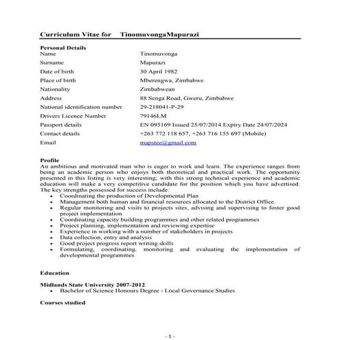 TINOMUVONGA MAPURAZI CV pdf | PDF