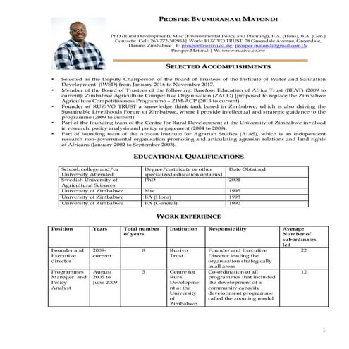 Prosper B. Matondi short resume - GERUDE 2016 | PDF