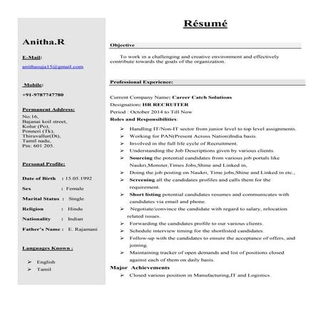Anitha+HR.1 | PDF | Resume Writing and Advice | Job Search