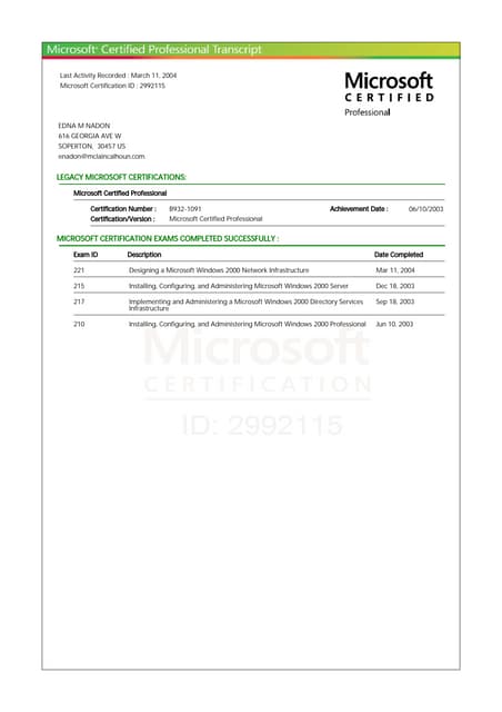 Microsoft Certified Professional Transcript | PDF | Technology & Computing
