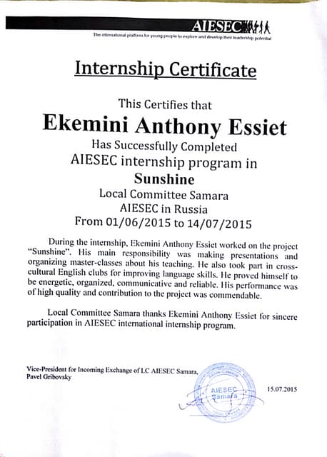 Internship certificate - aiesec | PDF | Undergraduate Education | College Education