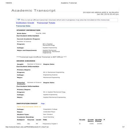 Abdulaziz alrajeh Academic Transcript | PDF | Undergraduate Education ...