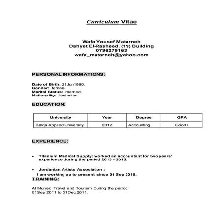 Curriculum wafa | DOCX | Business Accounting & Finance | Business