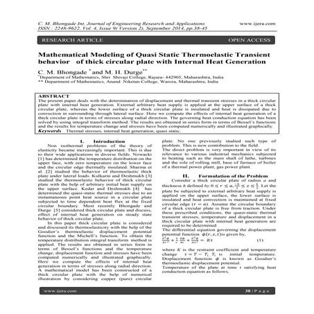 Mathematical Modeling of Quasi Static Thermoelastic Transient behavior of thick circular plate ...