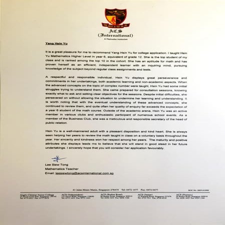 Letter of Recommendation from IB Math Higher Level teacher | PDF