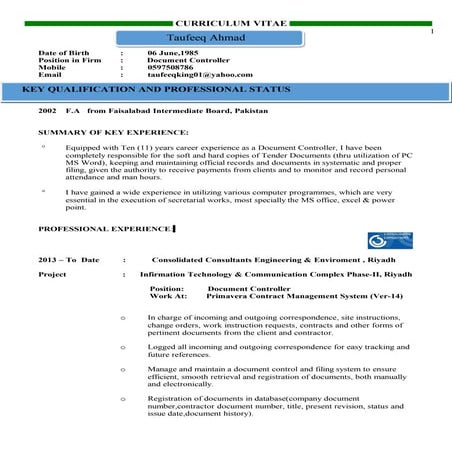 CV -document controller Tufeeq Ahmed | DOC
