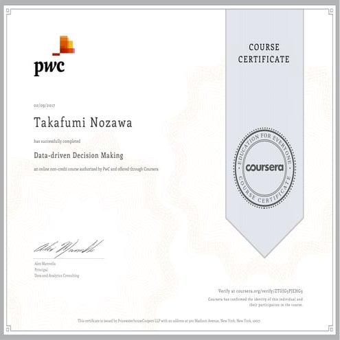 Certification Takafumi Nozawa's Course Record of Data-driven Decision ...
