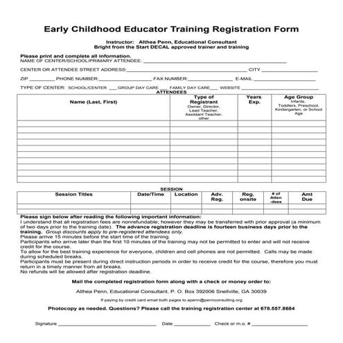 EE Training_Registration_Form | DOC | Daycare and Pre-School | Parenting