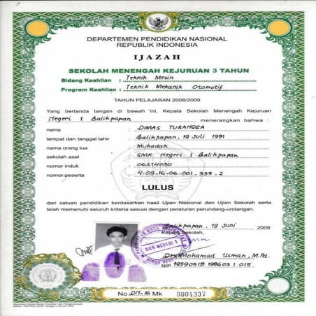 Ijazah SMK 1 Balikpapan | PDF