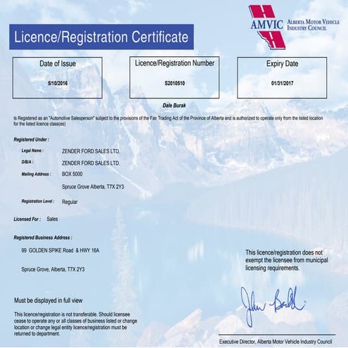 AMVIC Registrant Certificate | PDF