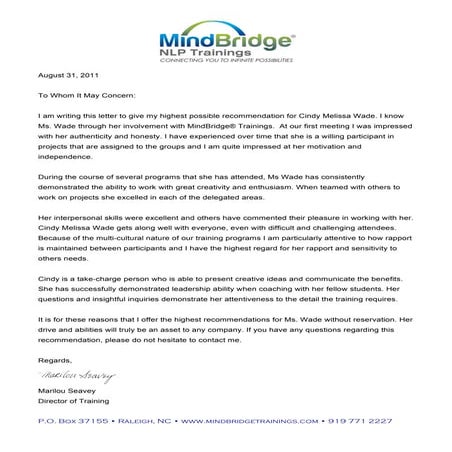 REFERENCE LETTER CINDY MELLISSA WADE | PDF