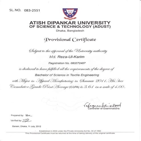 Convocation Certificate B.Sc