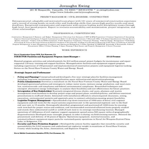 J Ewing Project Manager III Resume | DOCX | Civil Engineering Industry ...
