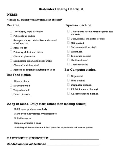 Bartender checklist | DOC