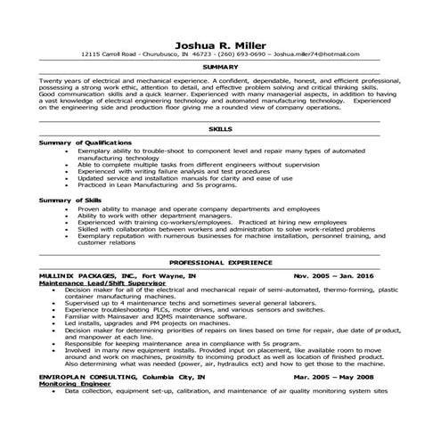 Resume for Joshua Miller 1 | DOCX | Business | Business and Finance